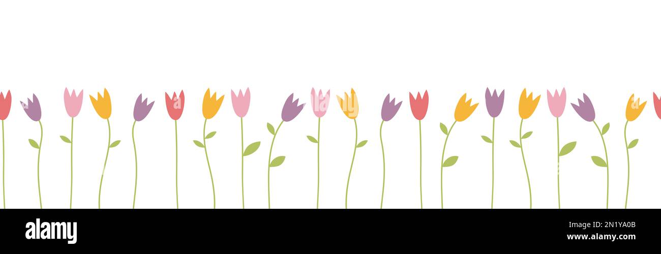 Background with tulips. Horizontal border with spring flowers on white ...