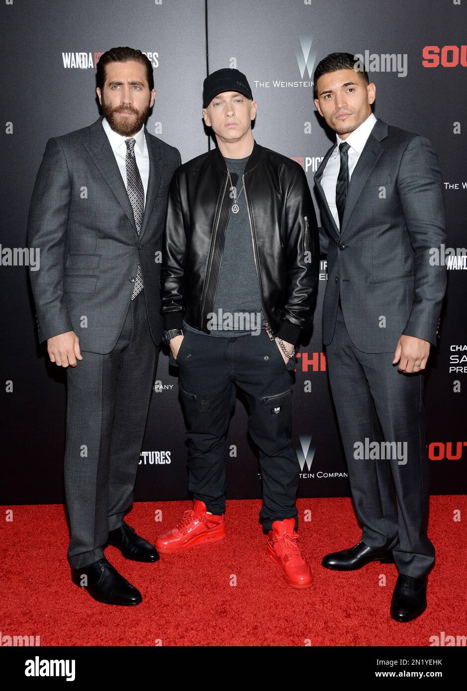 Actor Jake Gyllenhaal, left, Eminem and Miguel Gomez attend the ...