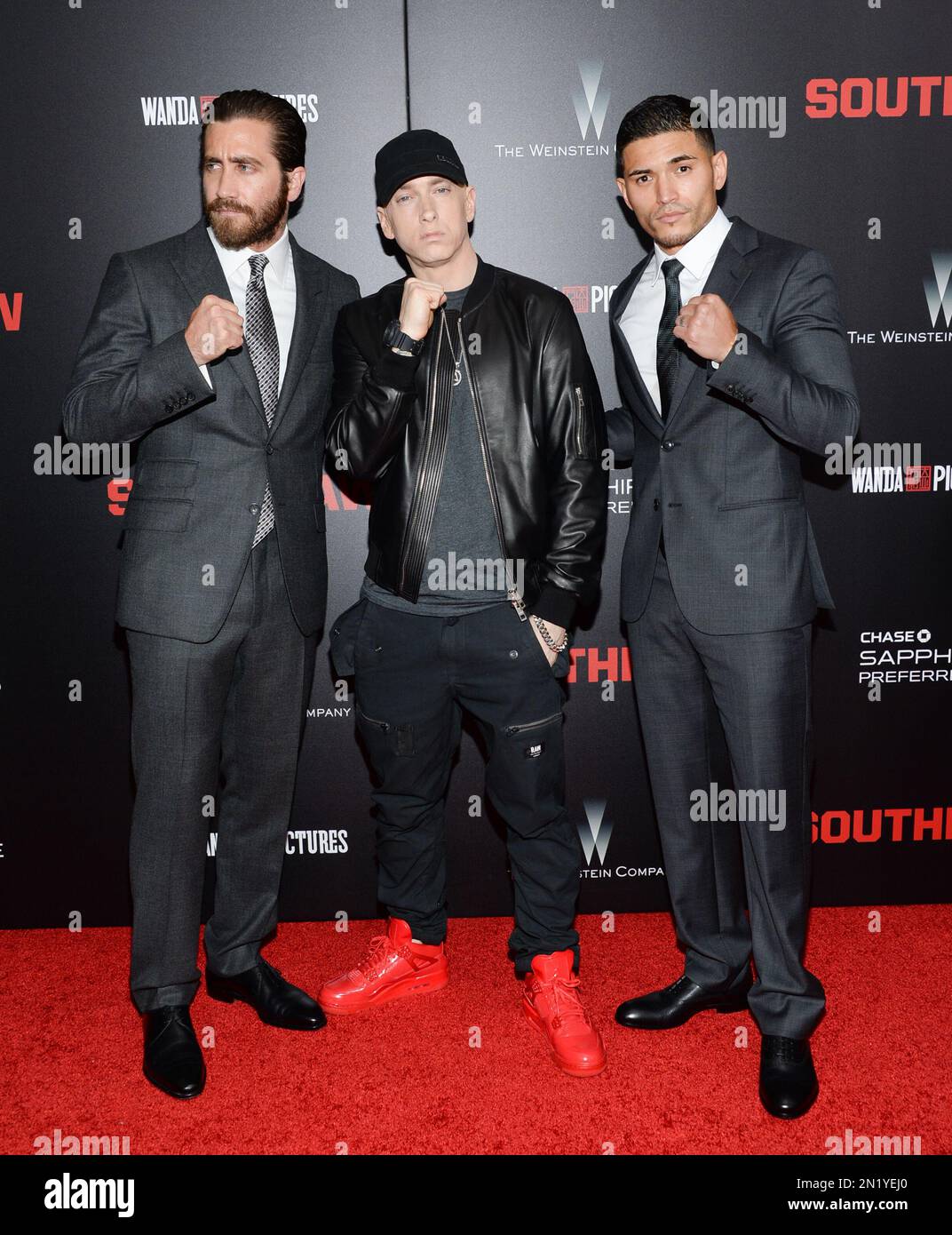 Actor Jake Gyllenhaal, left, Eminem and Miguel Gomez attend the ...