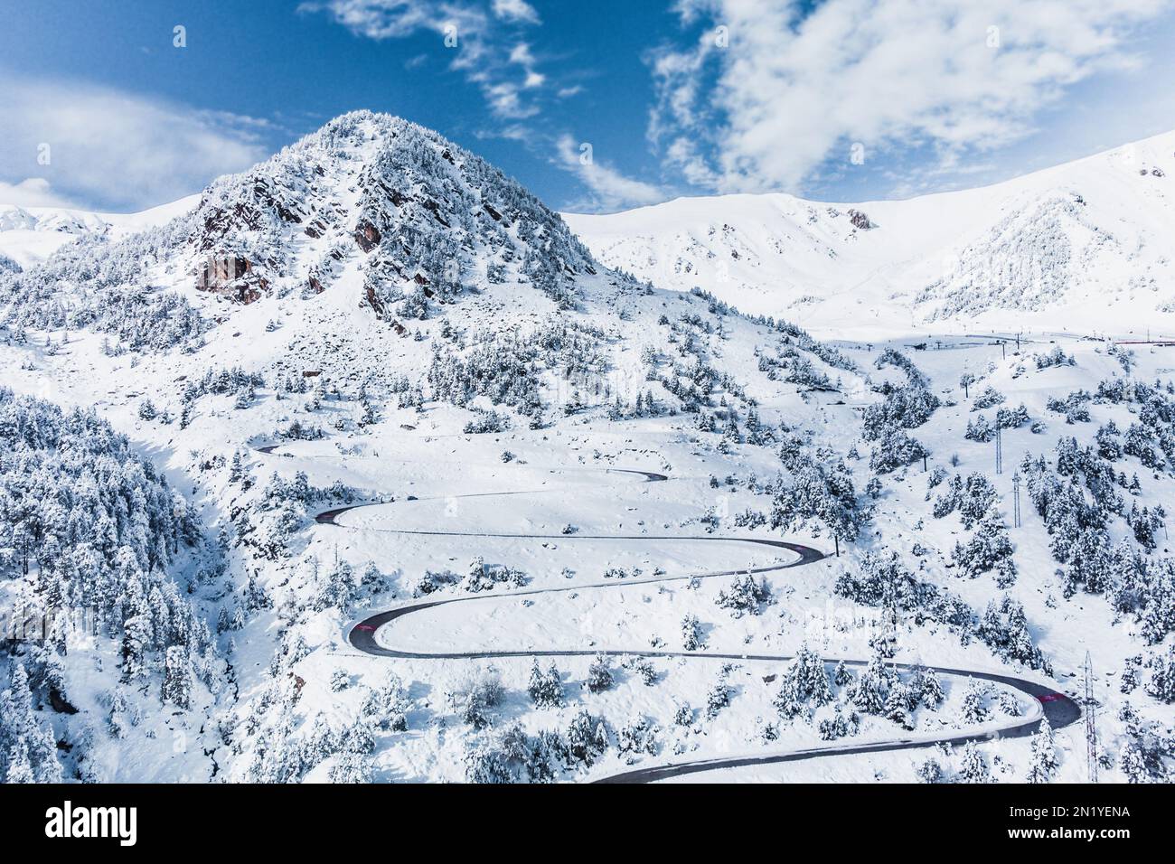 Vallter 2000 ski resort and snowy peak of Gra de Fajol mountain.Winter ...