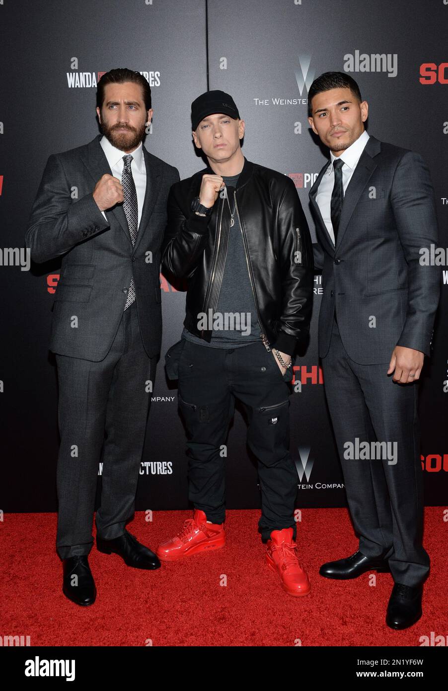 Jake Gyllenhaal, from left, Eminem and Miguel Gomez attend the premiere ...