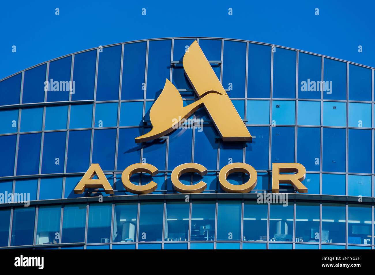 Sign on top of the Sequana tower, headquarters of Accor, a French hotel ...