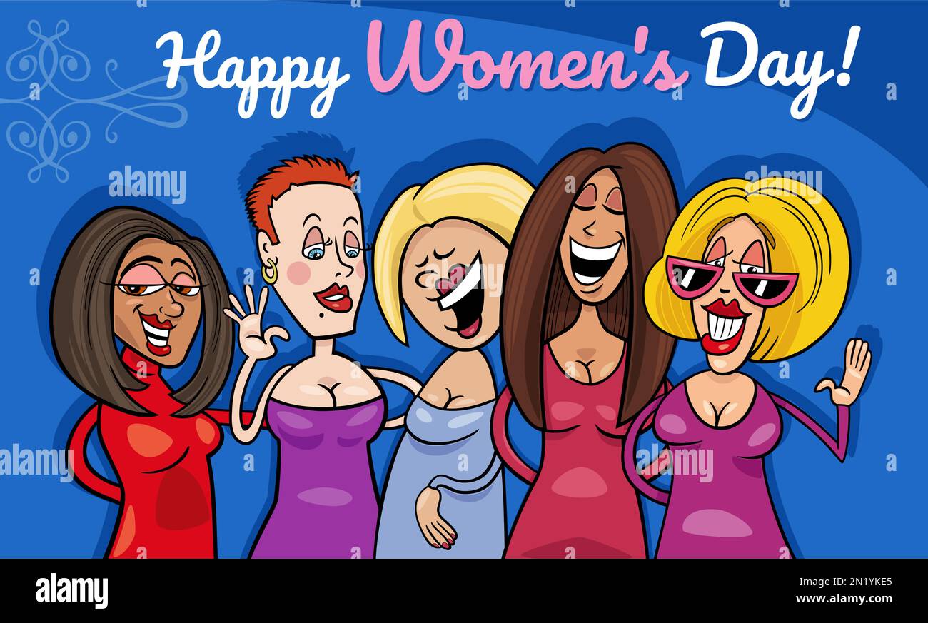 Women's Day greeting card design with happy comic woman characters ...