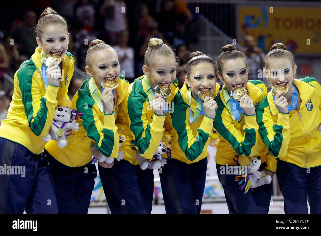 The gold medal team from Brazil poses with their medals following the ...
