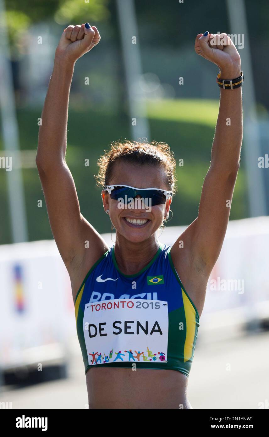 Brazil's Erica de Sena celebrates after completing the women's 20km ...