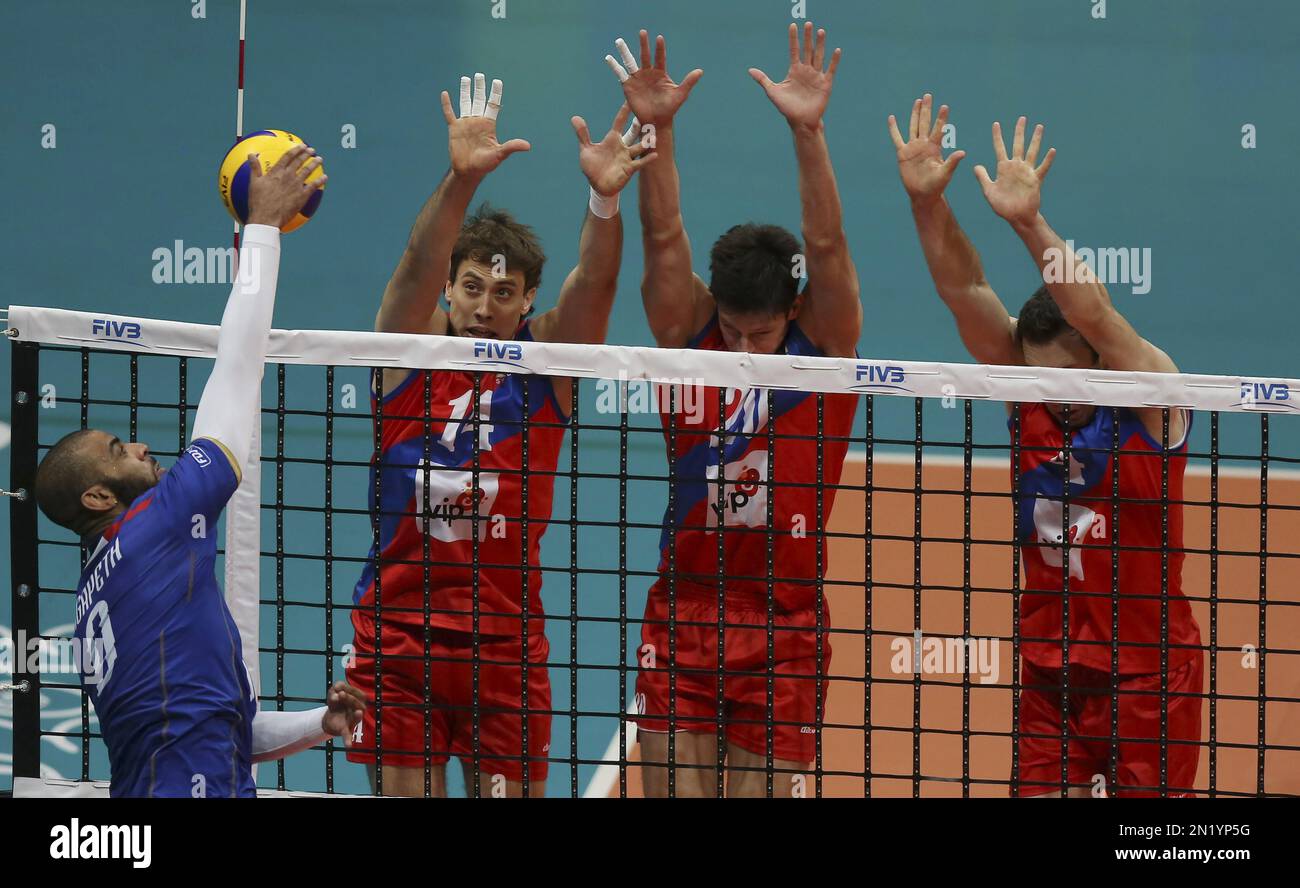 Serbia's front line defense, from left, Aleksandar Atanasijevic, Srecko Lisinac and Nemanja ...