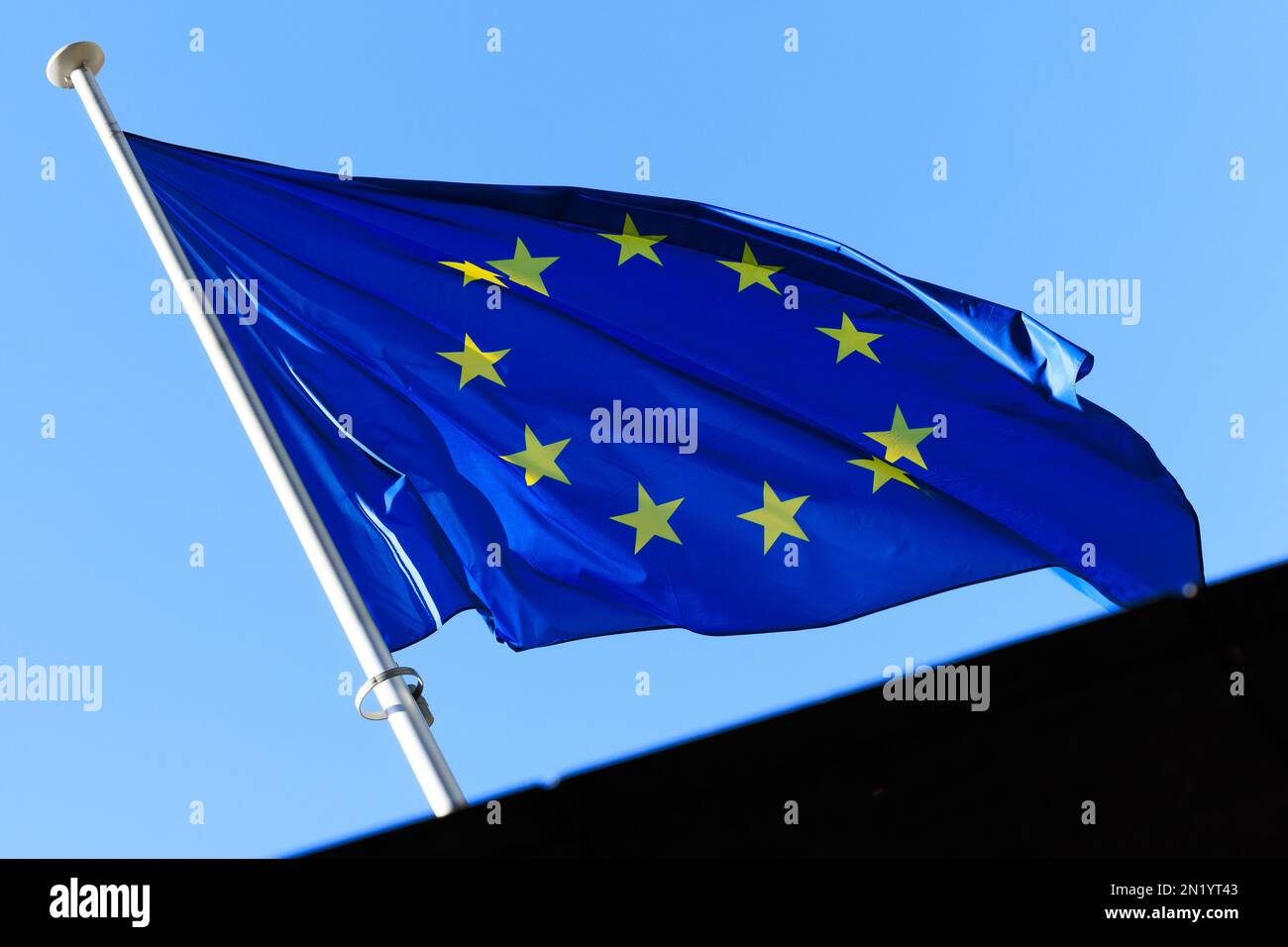 European flag in front of the headquarters of the European Commission ...