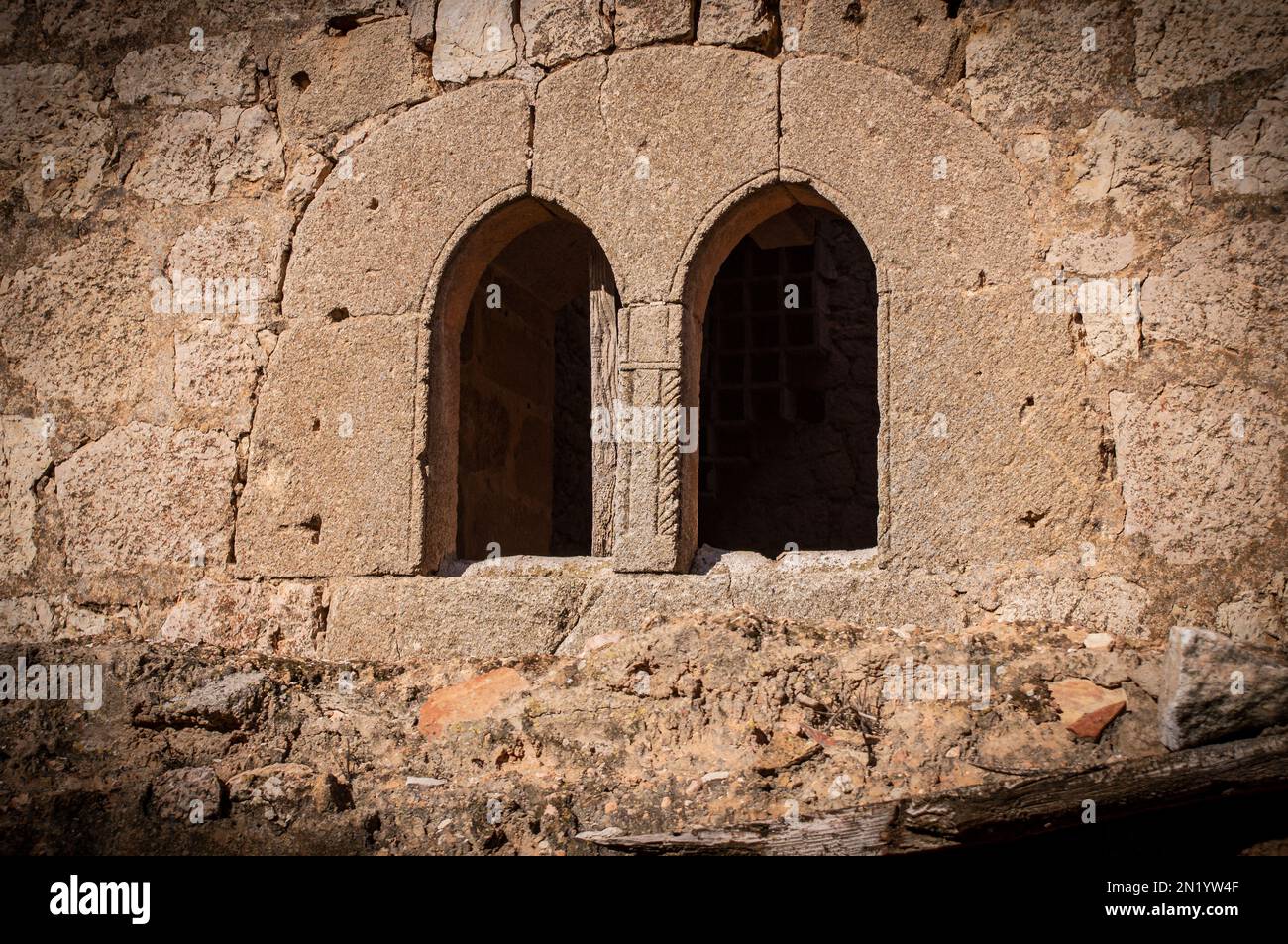 Stone windows of the castle of Santiago de la Torre, medieval fortress ...