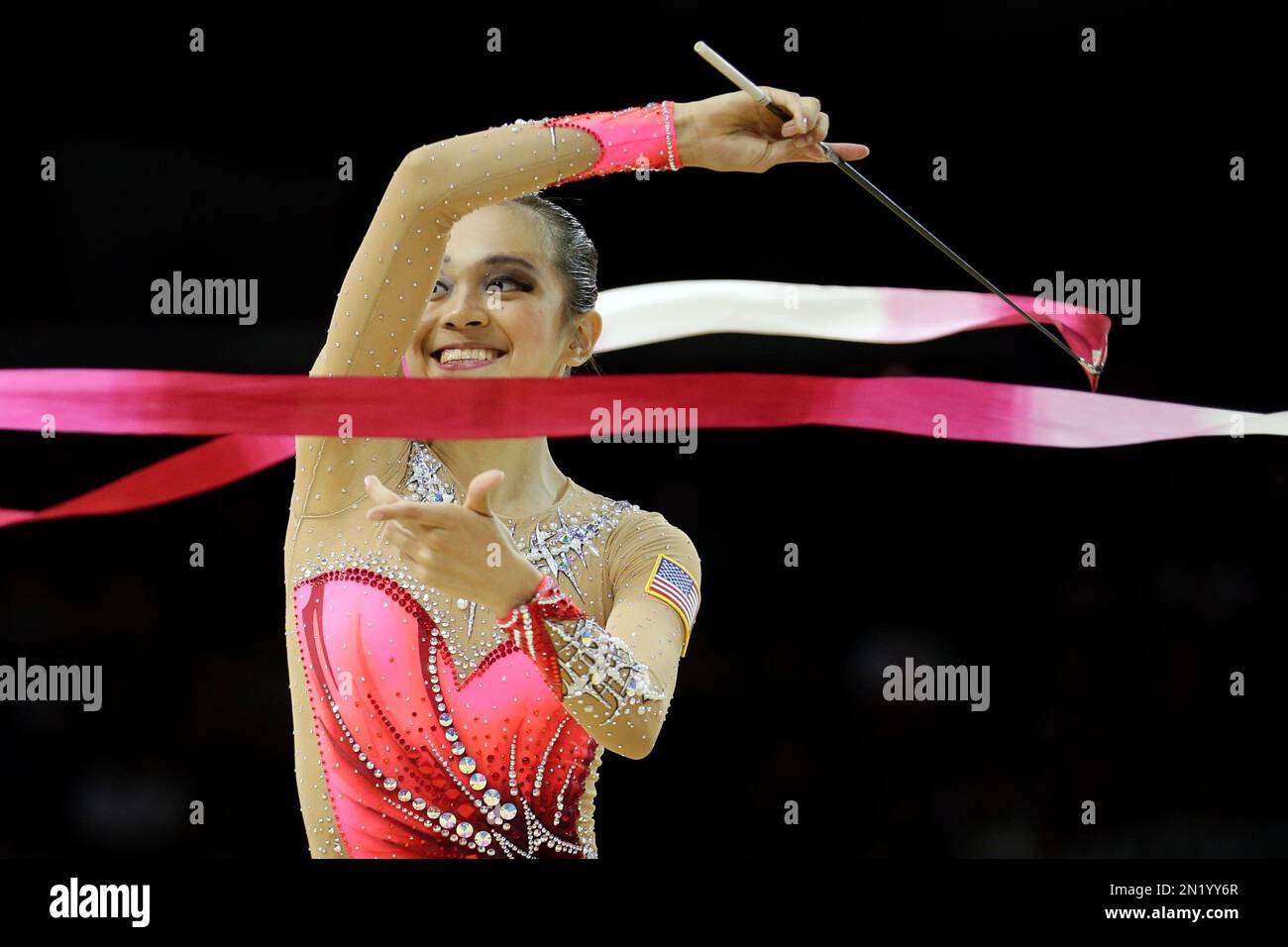 The United States' Laura Zeng performs with the ribbon during ...