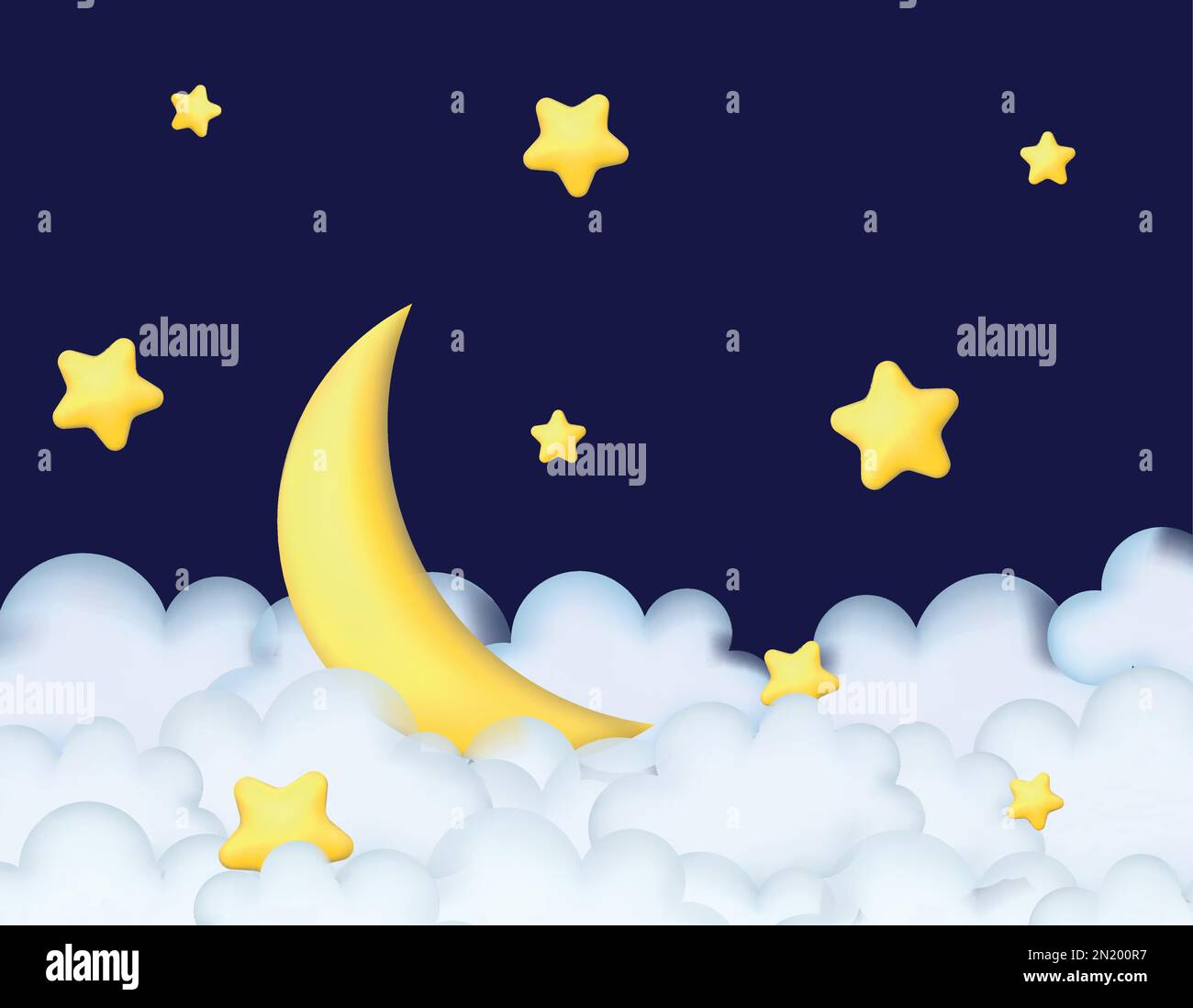 Crescent moon, golden stars and white clouds 3d style isolated on blue ...