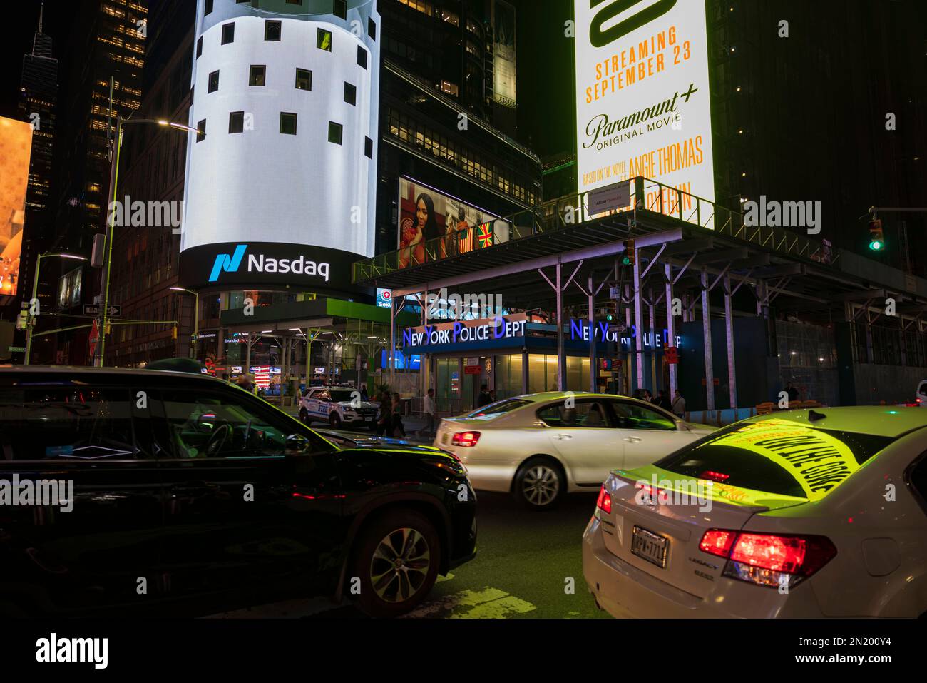 Beautiful night New York cityscape view. Have traffic on downtown ...