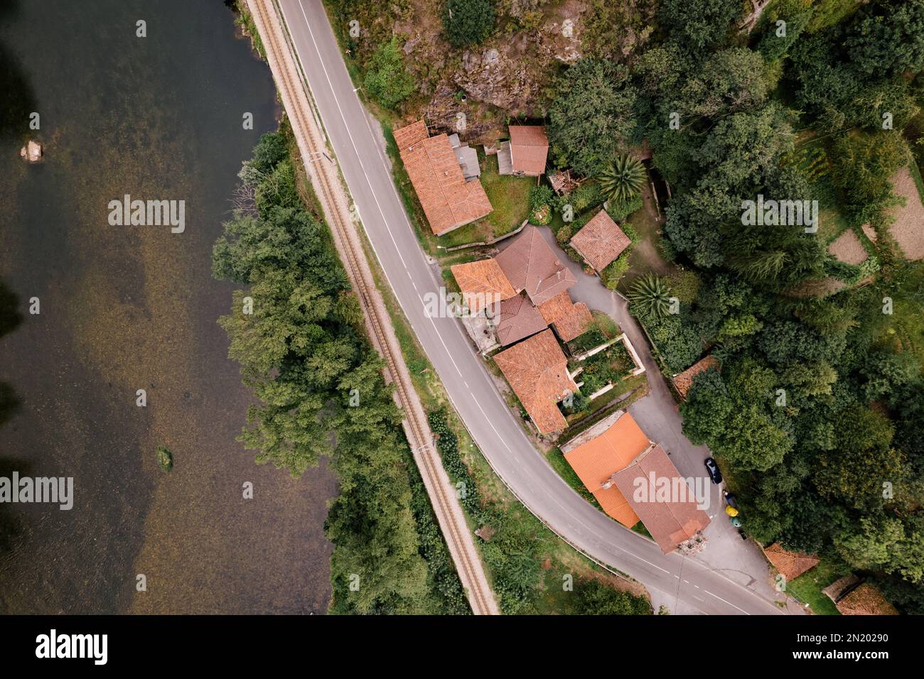 AERIAL DRONE PHOTO OF SMALL VILLAGES IN THE NATURE WITH RIVERS AND ...