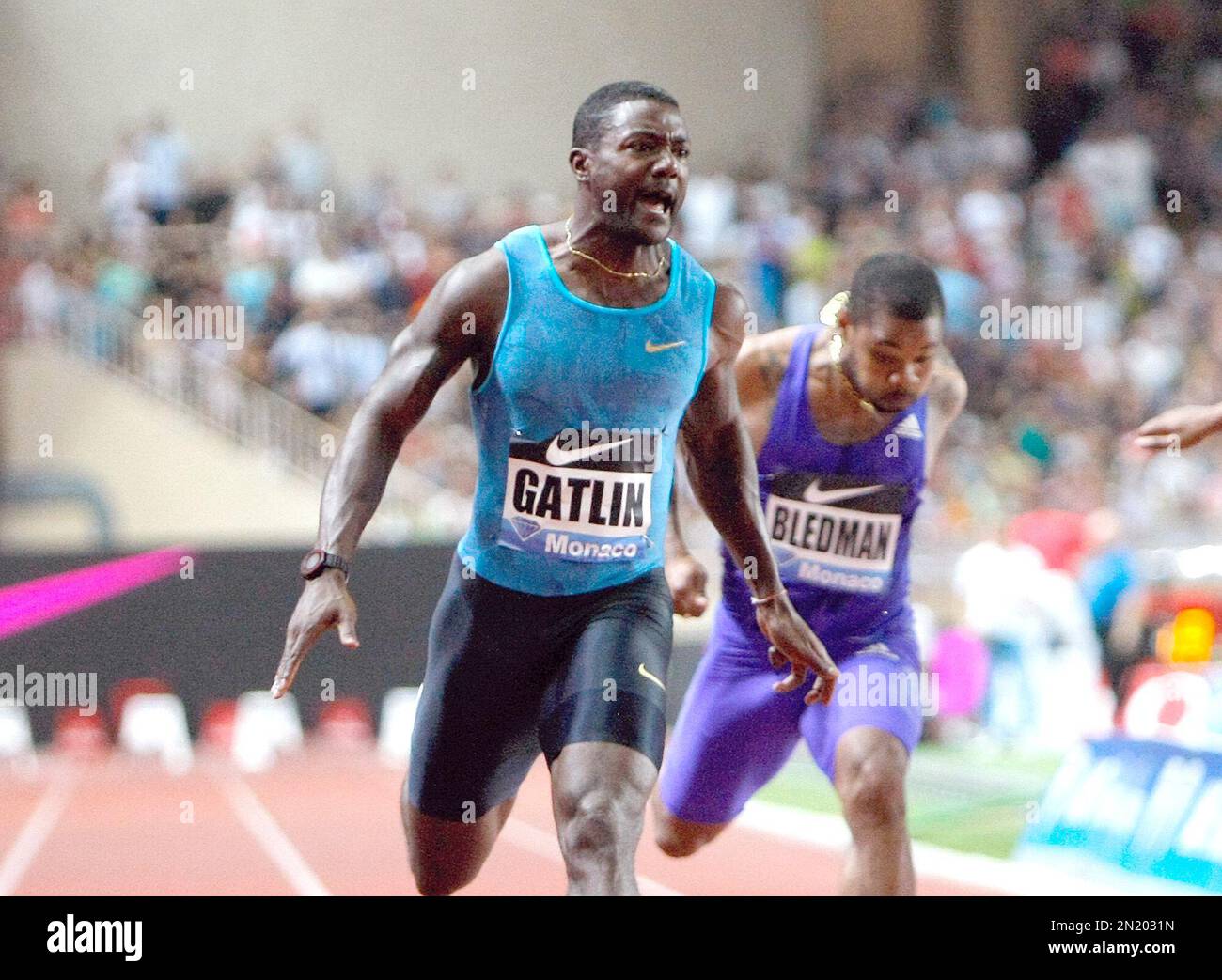 US Justin Gatlin wins the 100m men's race at the Herculis International ...