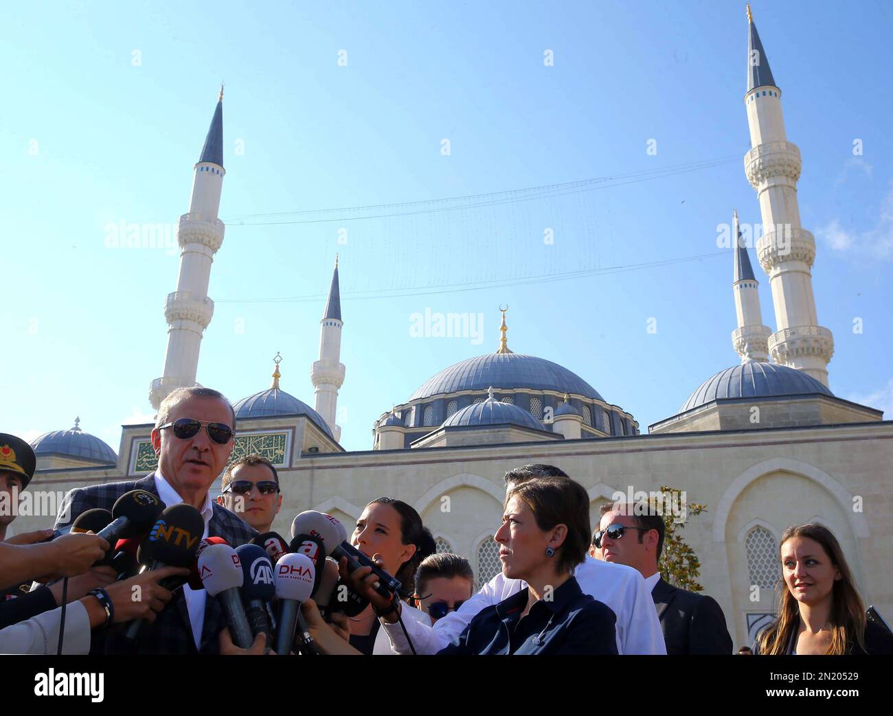Turkish President Recep Tayyip Erdogan speaks to the media after Eid Al ...