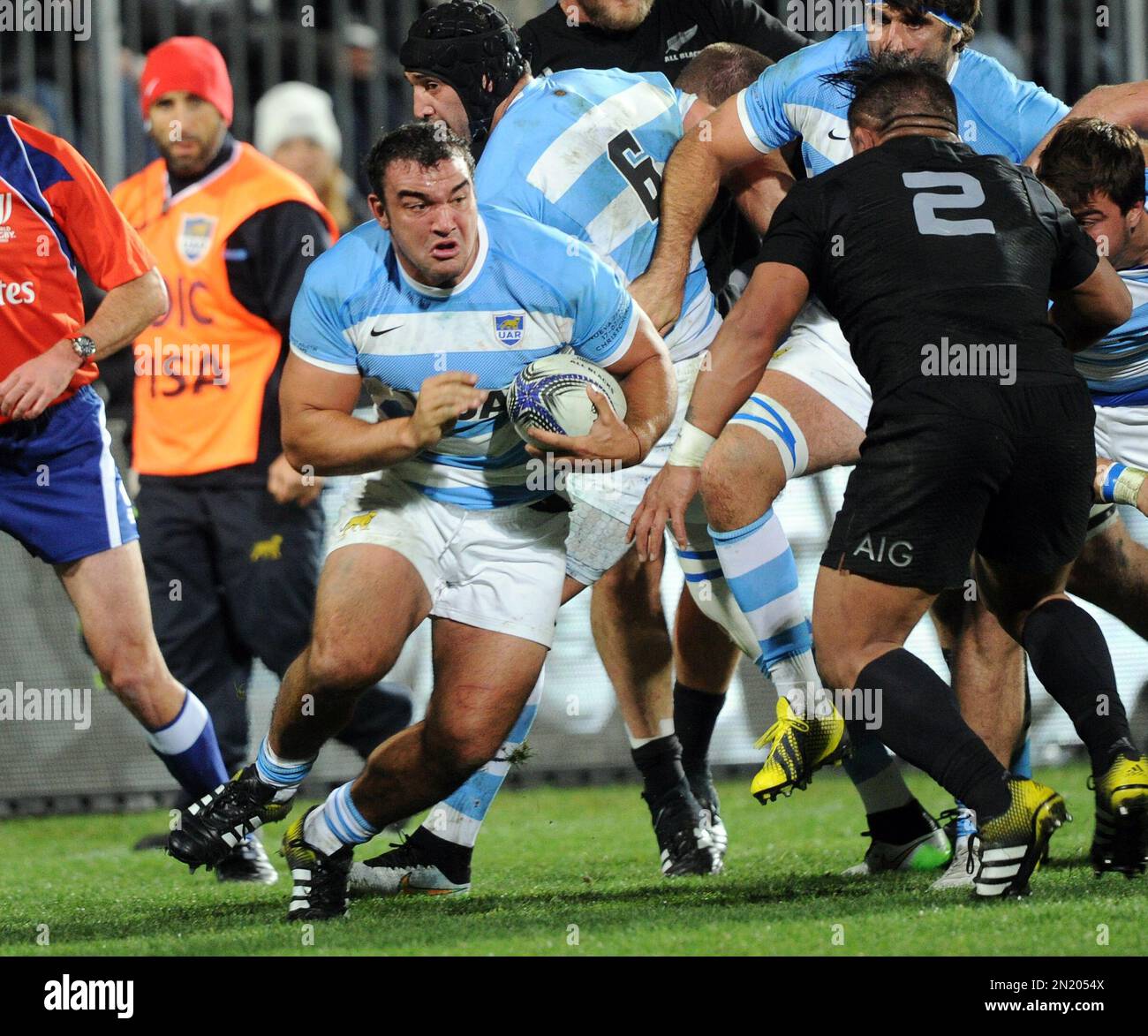Argentina’s Agustin Creevy, left, runs at New Zealand’s Keven Mealamu ...