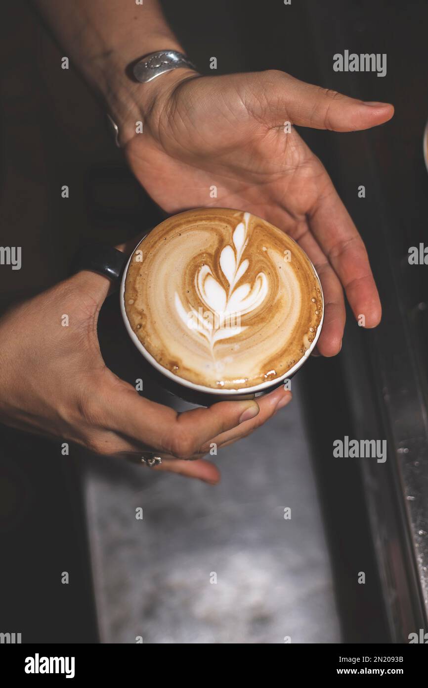 Closeup image of female hands grabbing a fresh cappuccino, coffee ...