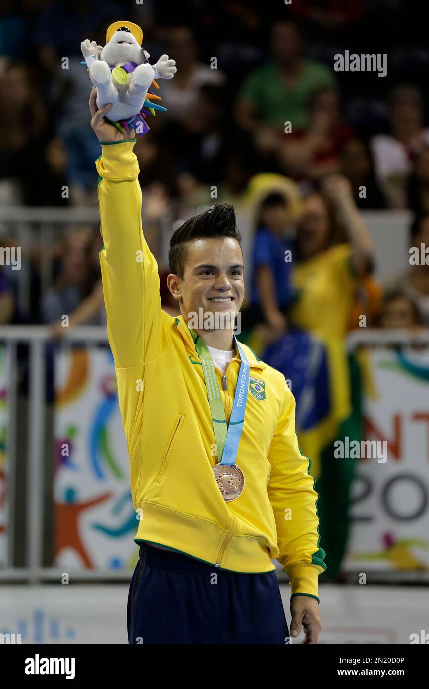 Brazil's Caio Souza reacts wearing his bronze medal after winning it in ...