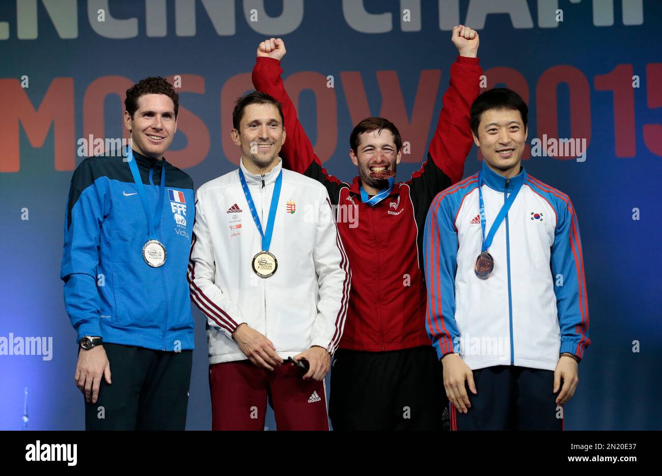 Medalists, from left, Gauthier Grumier of France, Geza Imre of Hungary ...