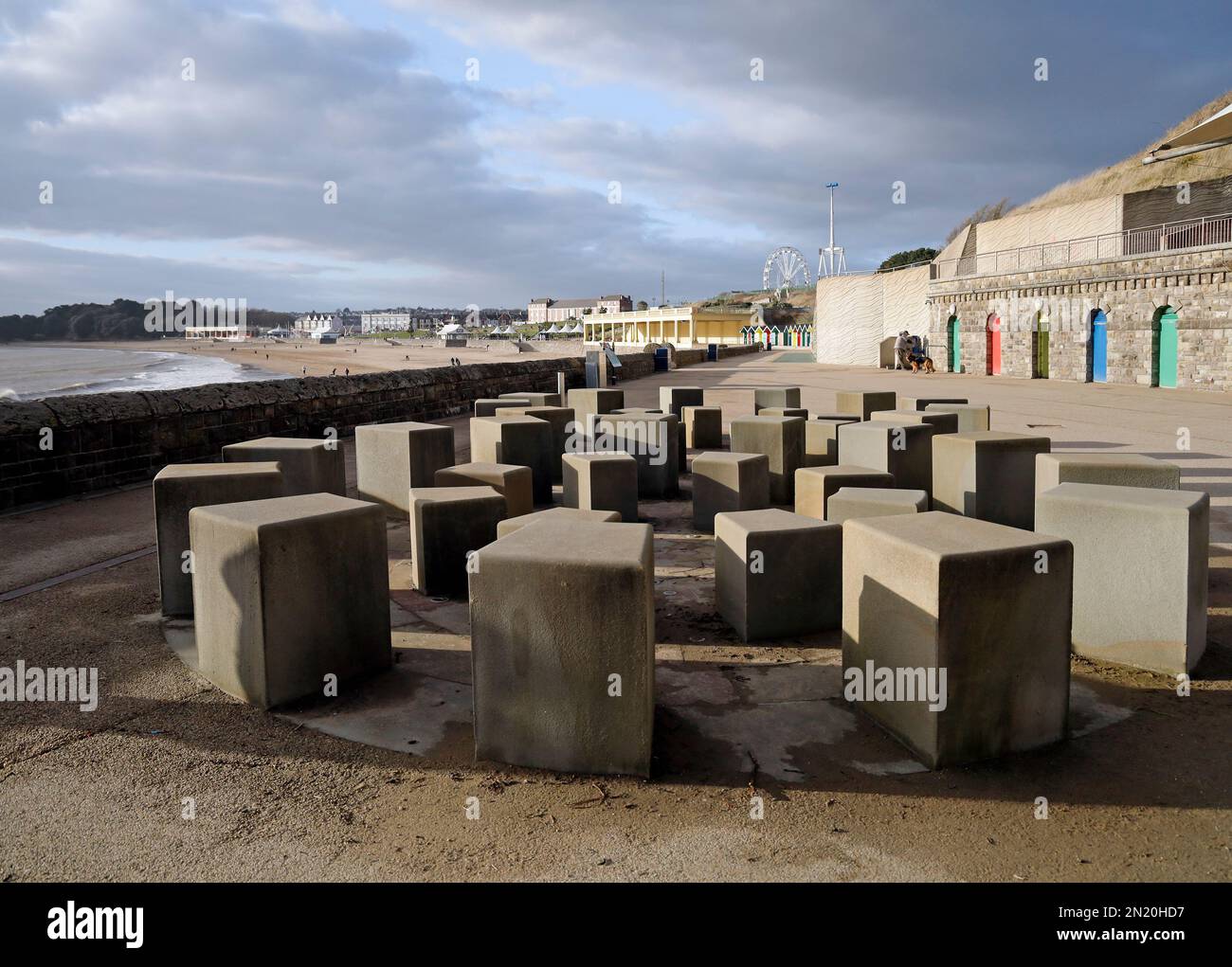 Colourful lavatory doors and Ammonite water feature, promenade, Barry ...