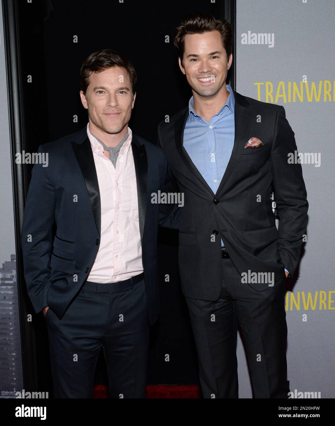 Michael Doyle, left, and Andrew Rannells attend the world premiere of "Trainwreck" at Alice ...