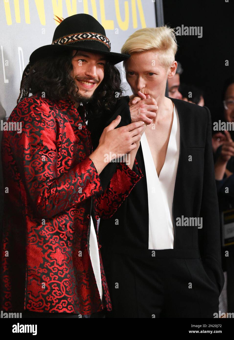 Actors Ezra Miller and Tilda Swinton attend the world premiere of ...