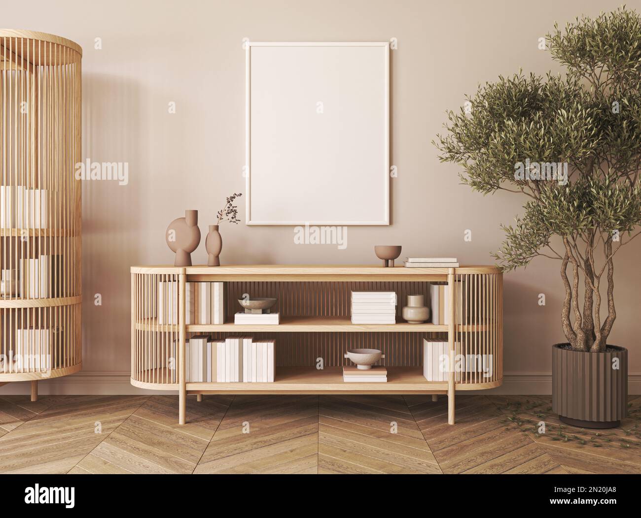 Canvas mockup in minimal japandi interior background with plant tree ...