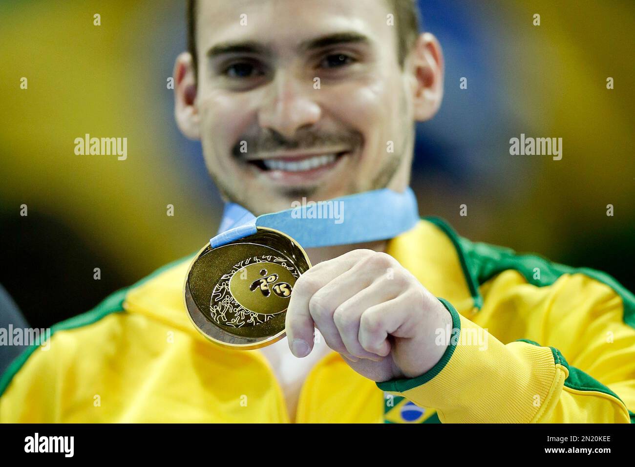 Brazil's Arthur Zannetti holds his gold medal during medals ceremony ...
