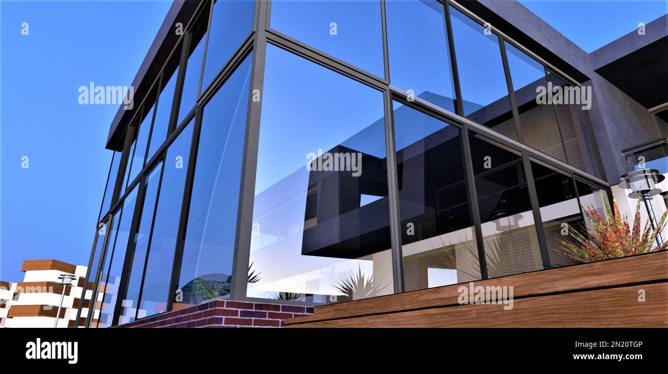 Random shot of a camera falling to the ground. Glass mirrored facade of ...