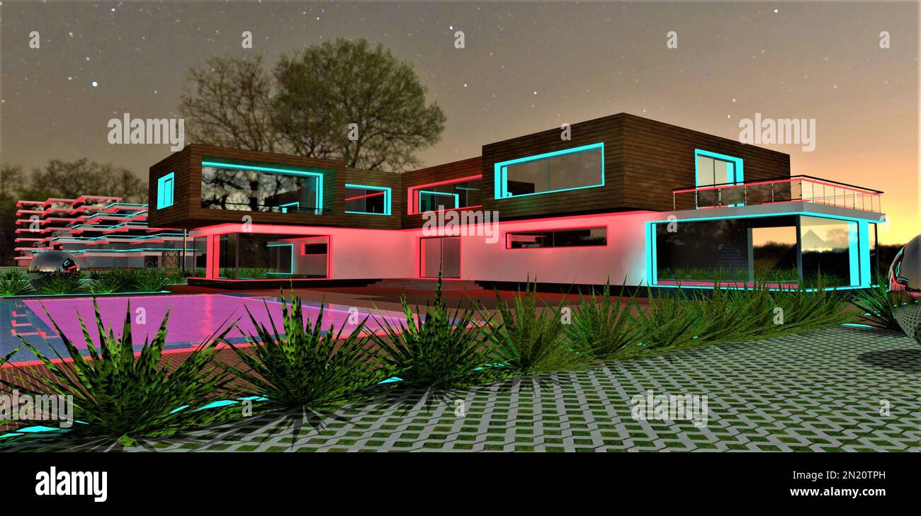 Amazing red light in the yard of the private suburban house at night ...