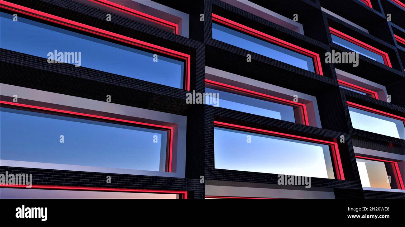 Red luminous window frames as a day decor of the contemporary apartment ...