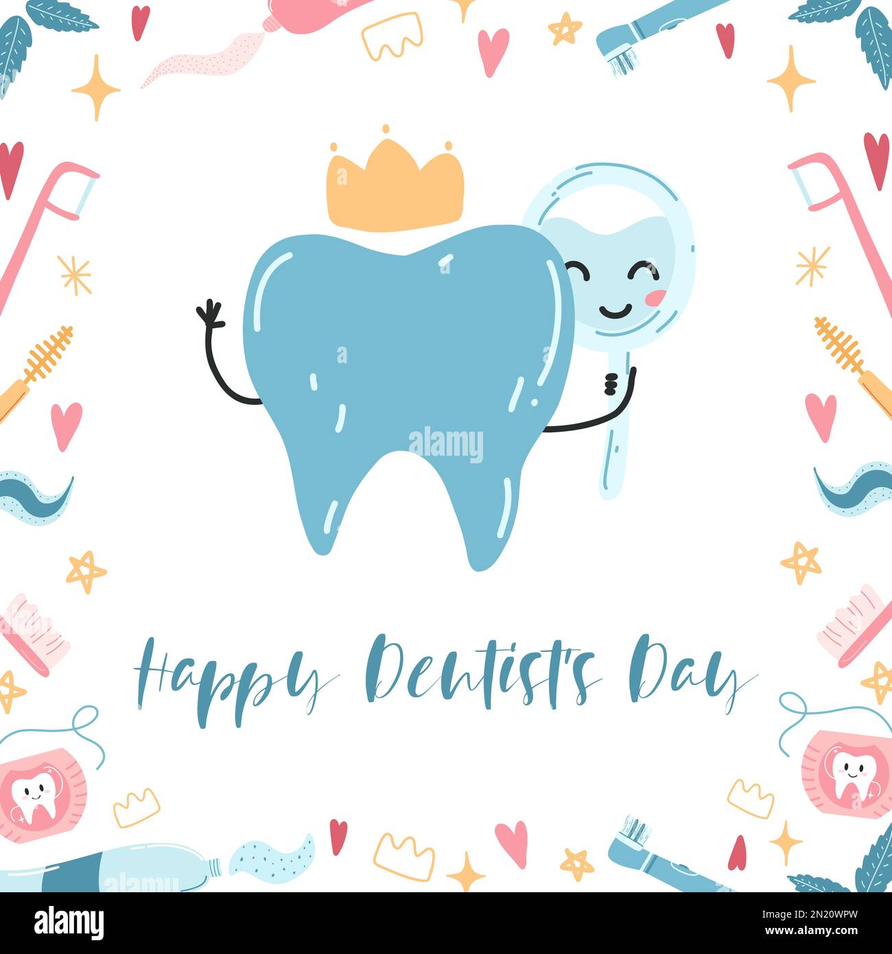 Happy dentists day poster. Vector illustration of tooth and oral care products for poster ...