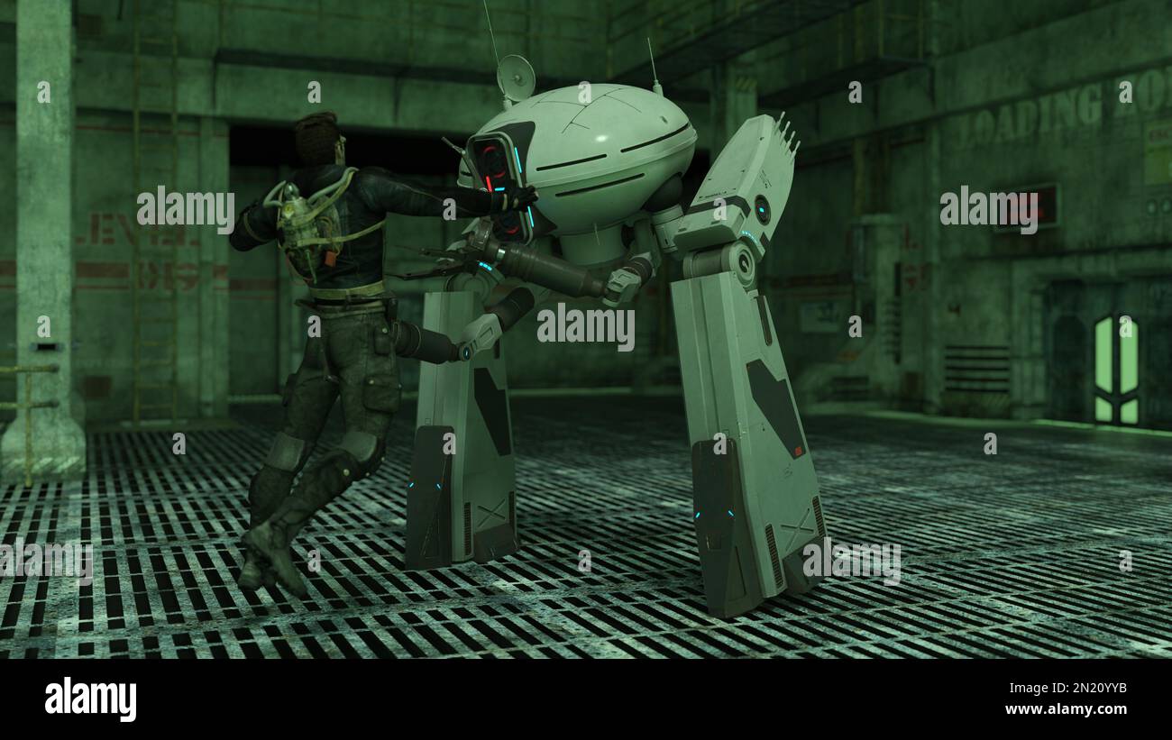 3D-illustration of a biped droid or robot in a science fiction starship ...
