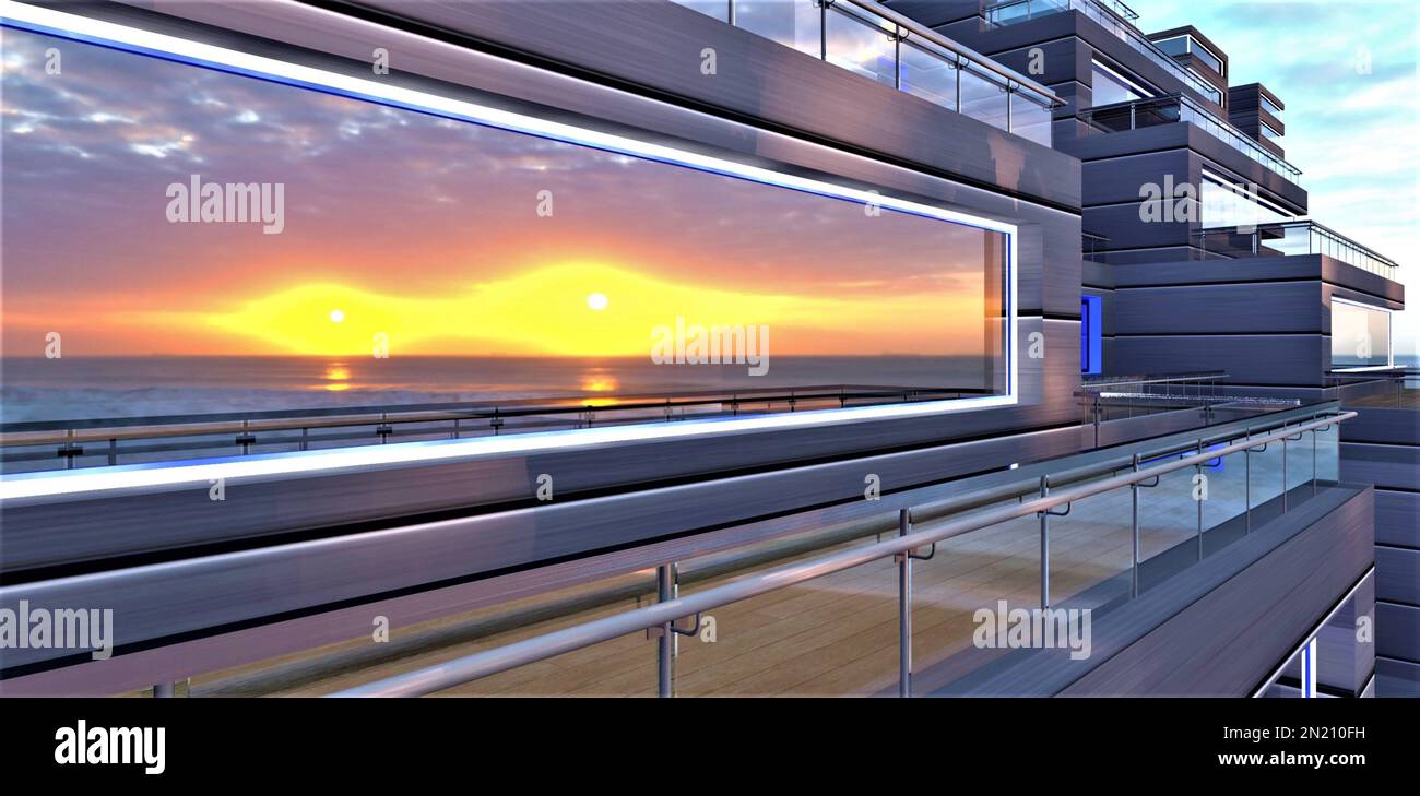 Sunset above the ocean reflected in a wide window of the futuristic ...