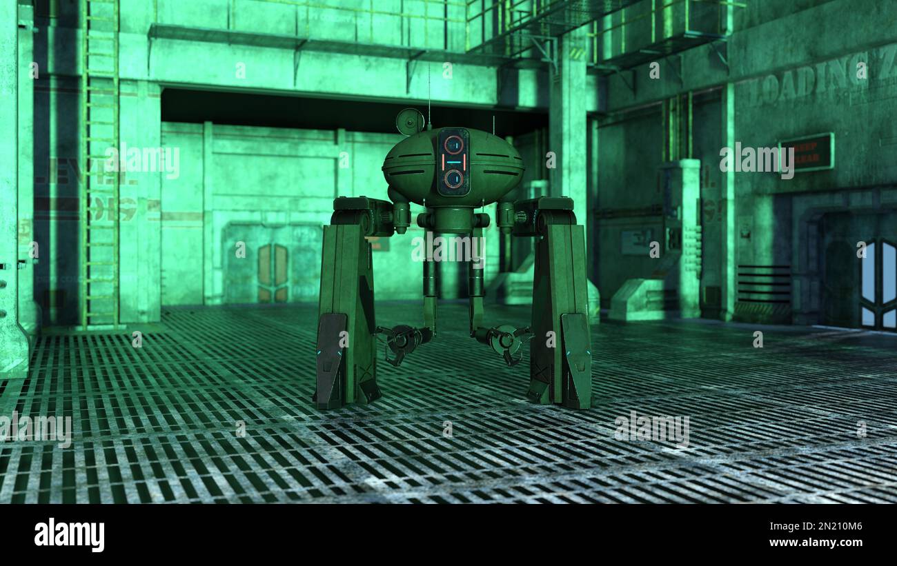 3D-illustration of a biped droid or robot in a science fiction starship ...