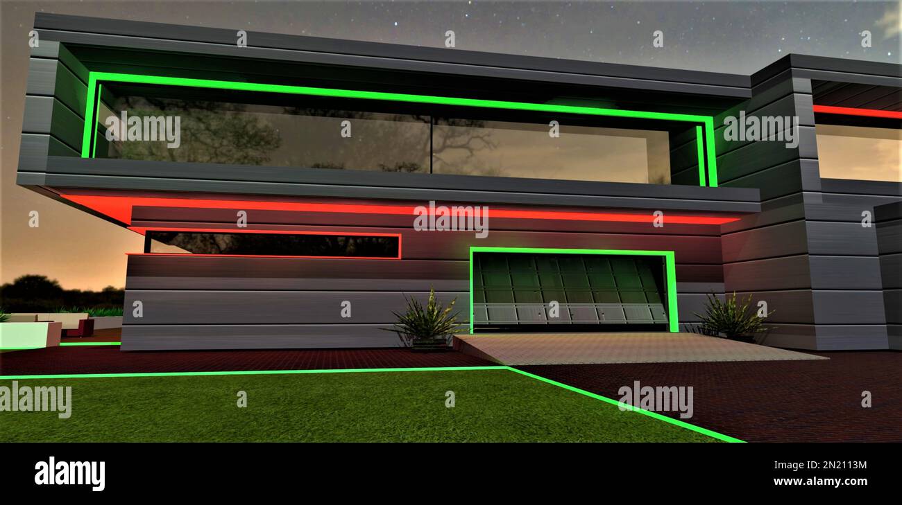 Opening illuminated gate of the garage inside contemporary upscale ...