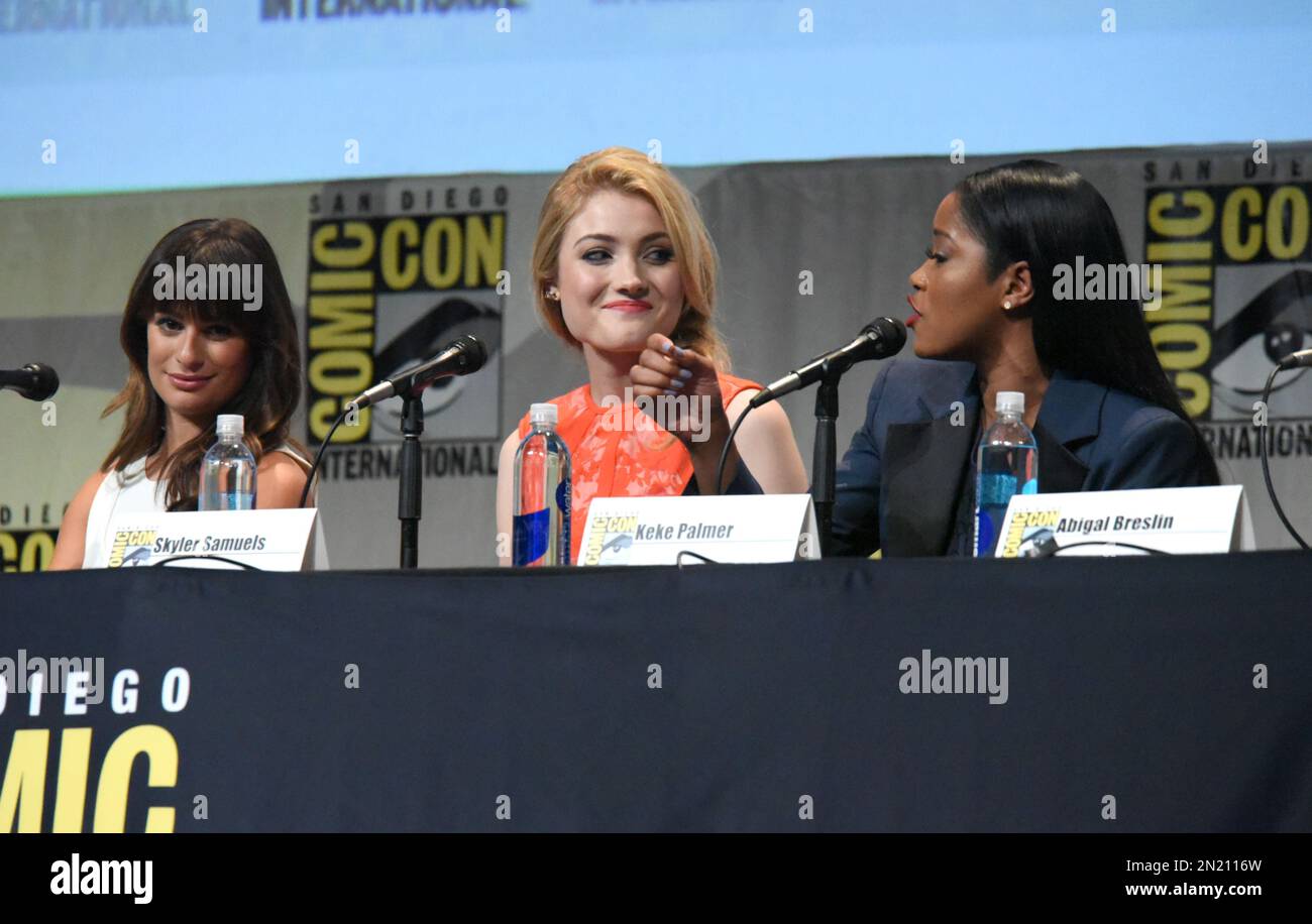 Lea Michele, from left, Skyler Samuels and Keke Palmer attend the ...