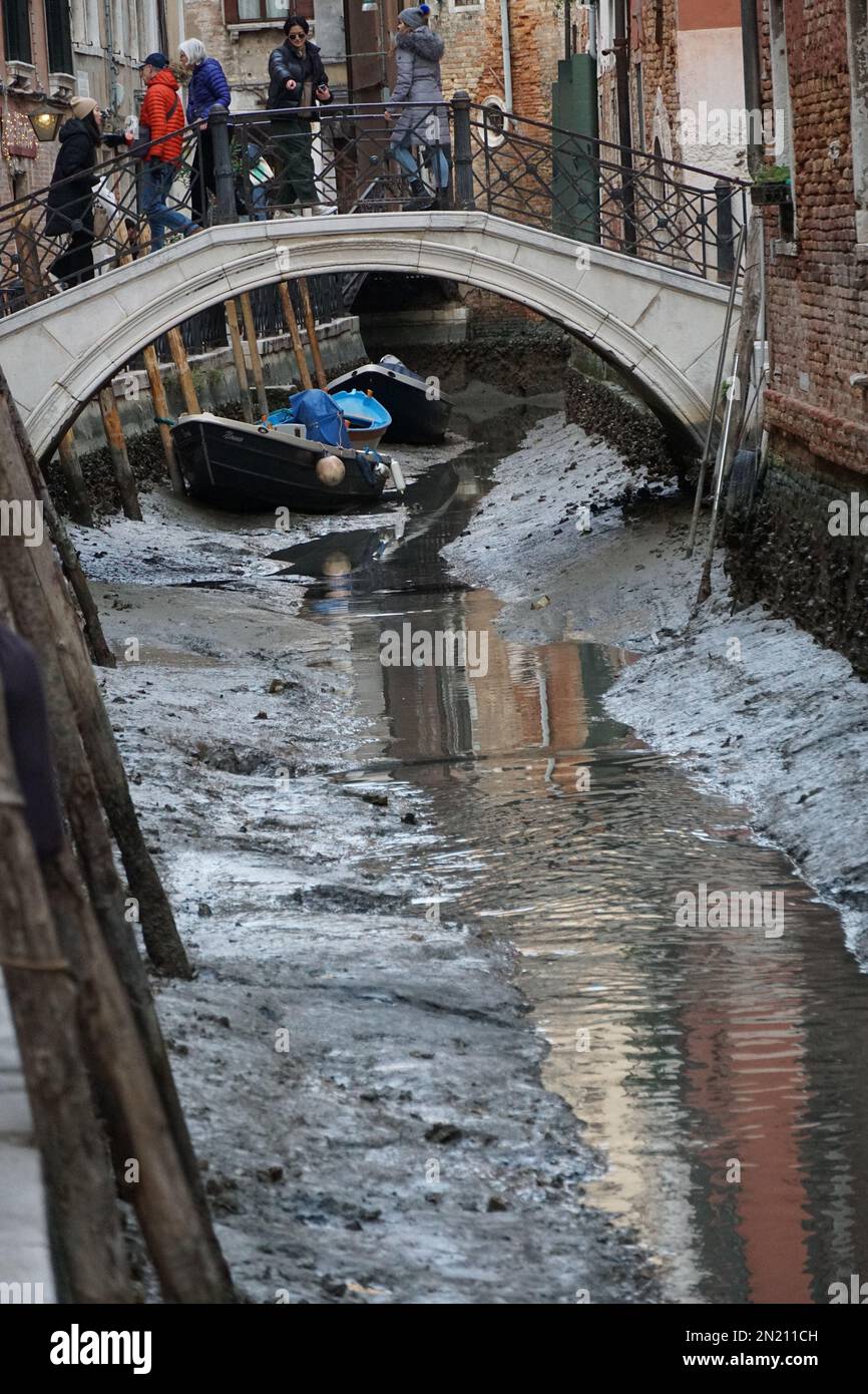 Boats lie on the bottom of dry water way, in st. Markus district ...
