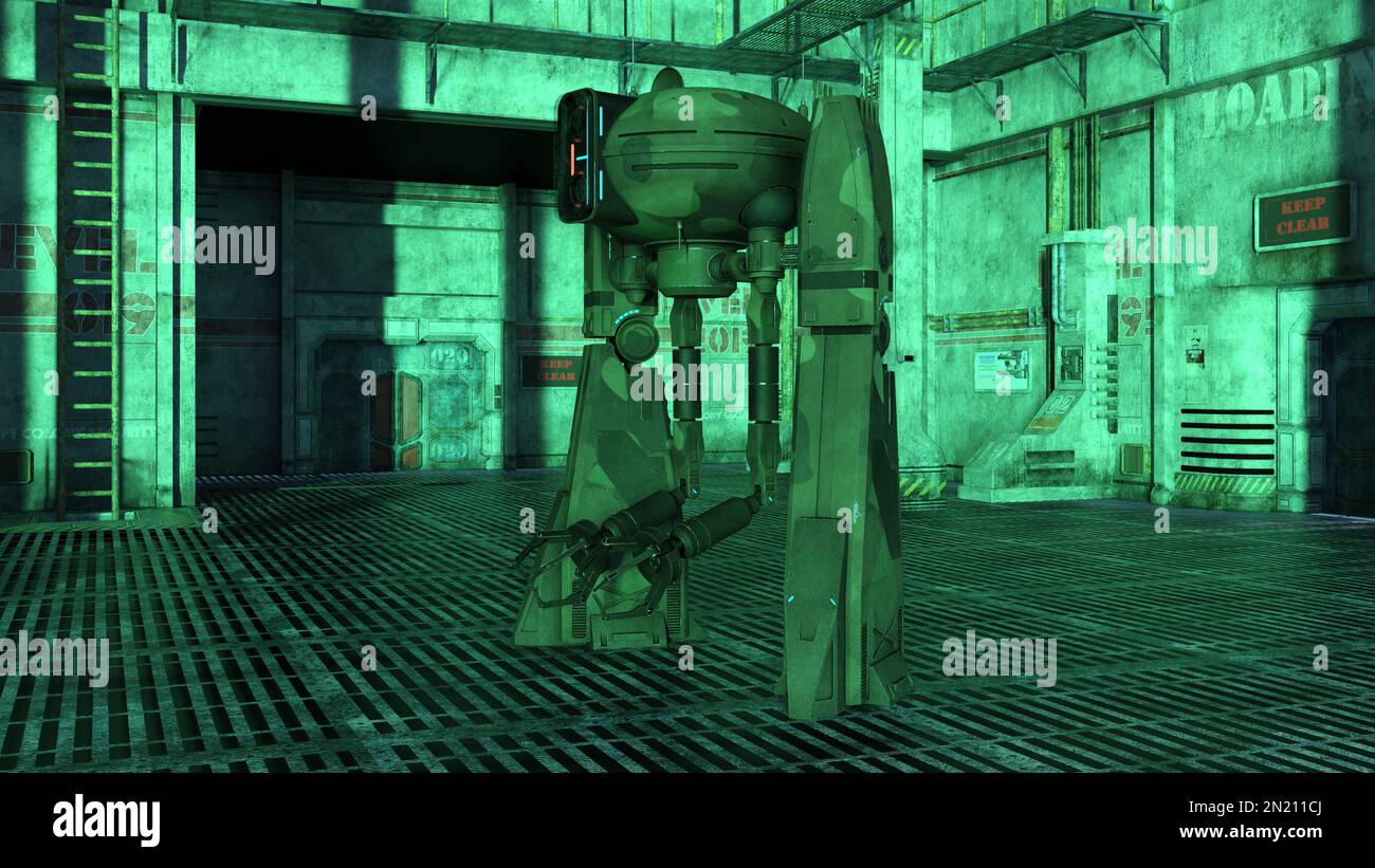 3D-illustration of a biped droid or robot in a science fiction starship ...