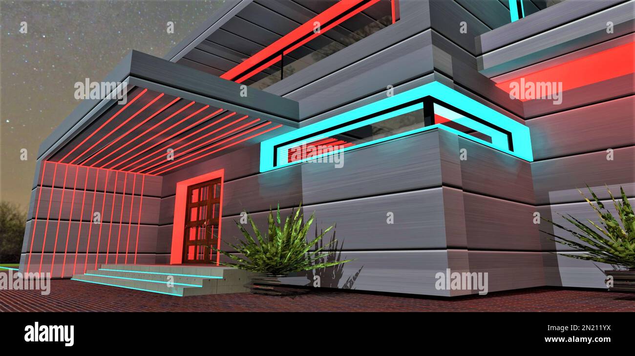 Luminous design elements of the entrance to a suburban private home at ...