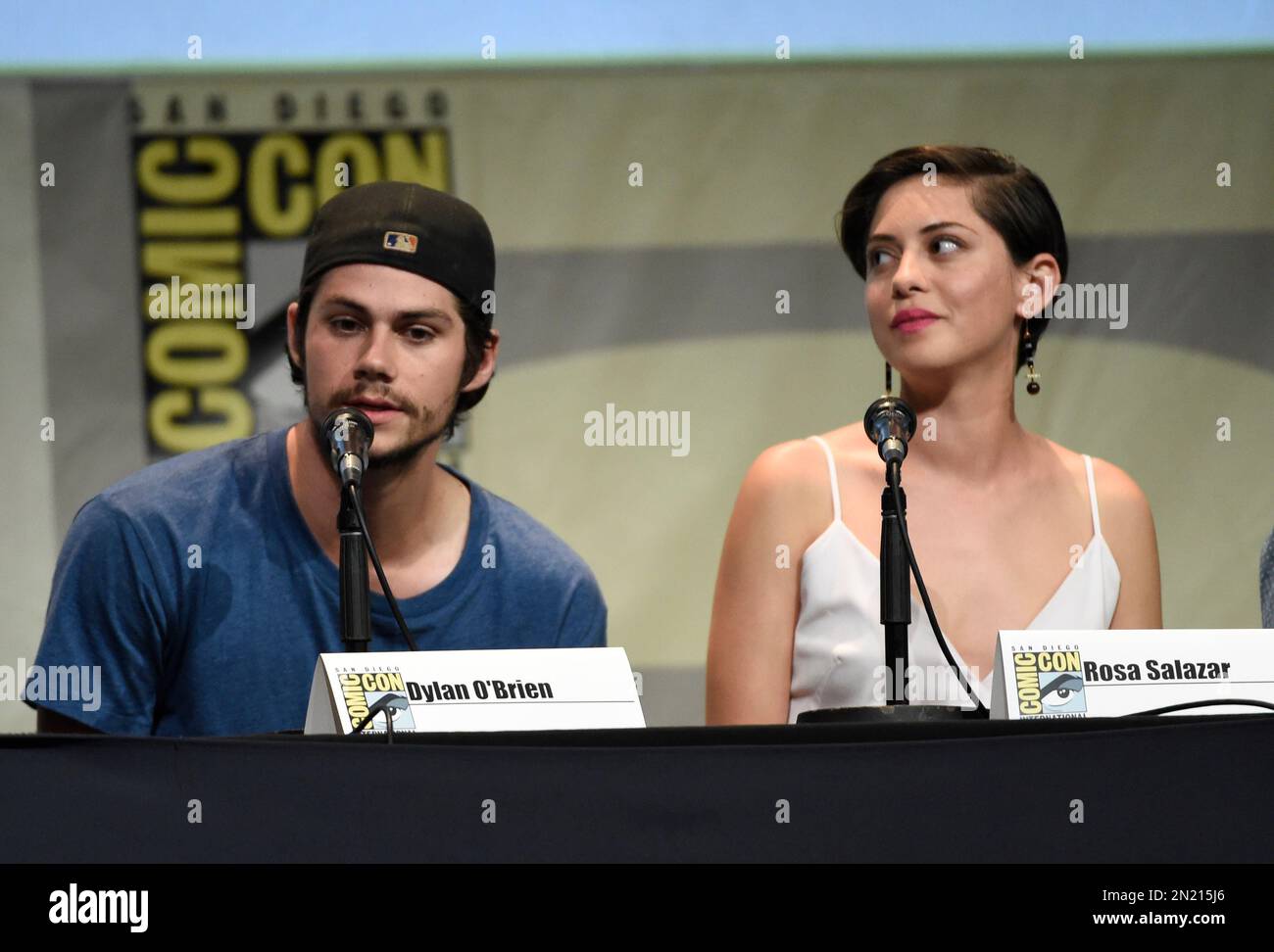 Dylan O'Brien, left, and Rosa Salazar attend the "Maze Runner 2: Scorch ...