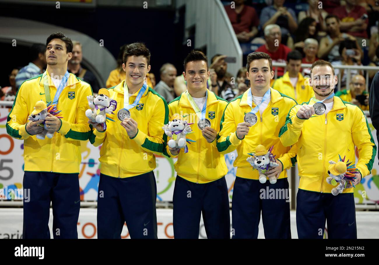 Brazil's artistic gymnastics team poses with their silver medals after ...