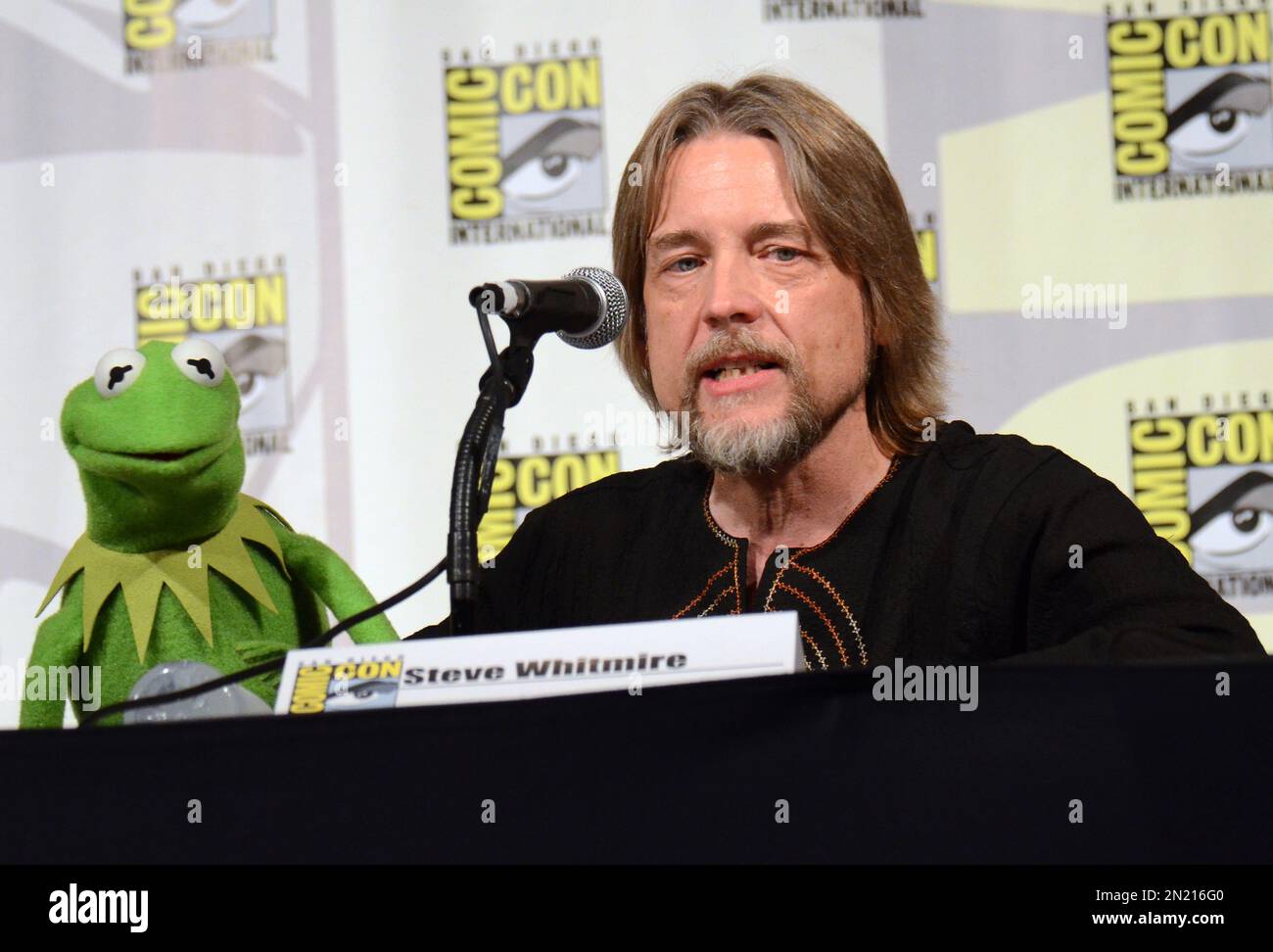 Kermit the Frog, left, and puppeteer Steve Whitmire attend "The Muppets ...