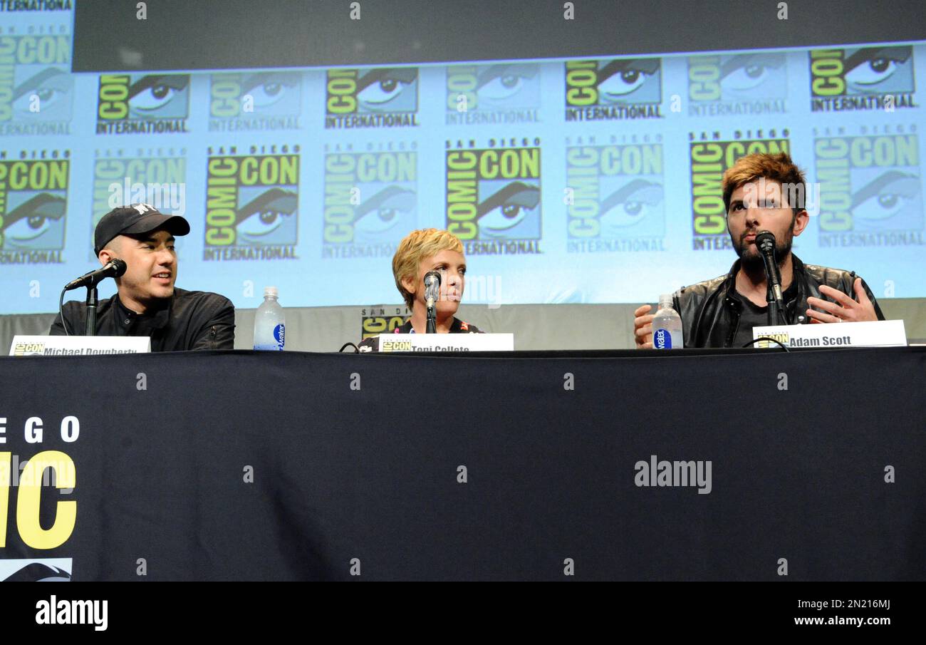 Michael Dougherty, left, Toni Collette, and Adam Scott attend the ...