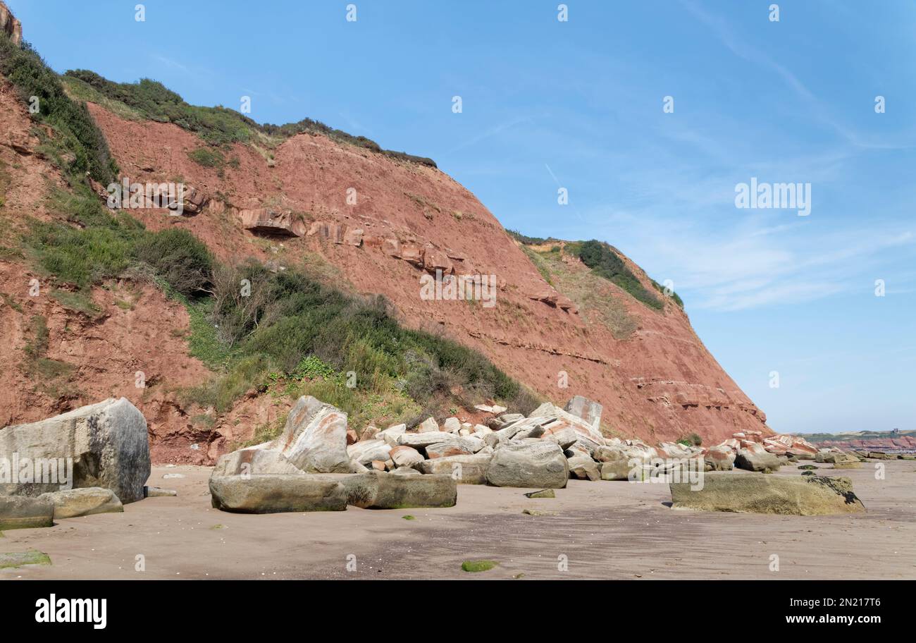 Eroded, collapsing red sandstone coastal cliffs and fallen rocks ...
