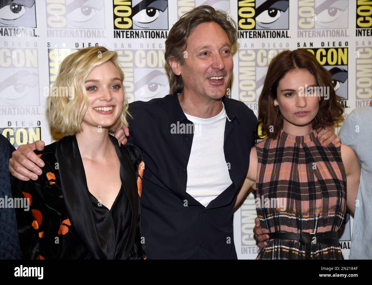Bella Heathcote, from left, Burr Steers and Lily James attend the ...