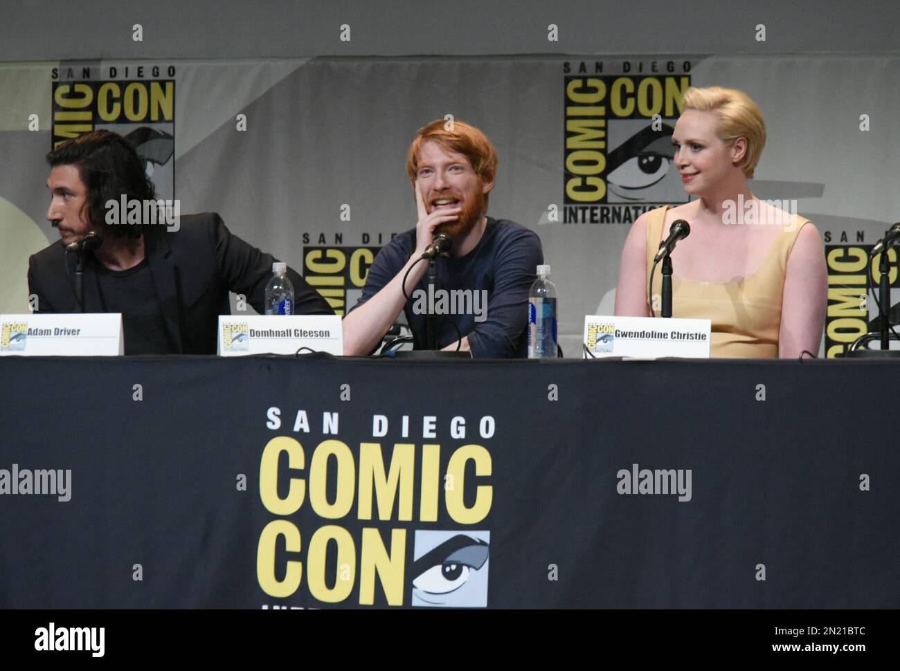 Adam Driver, from left, Domhnall Gleeson, and Gwendoline Christie ...