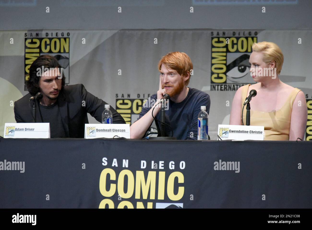 Adam Driver, from left, Domhnall Gleeson, and Gwendoline Christie ...