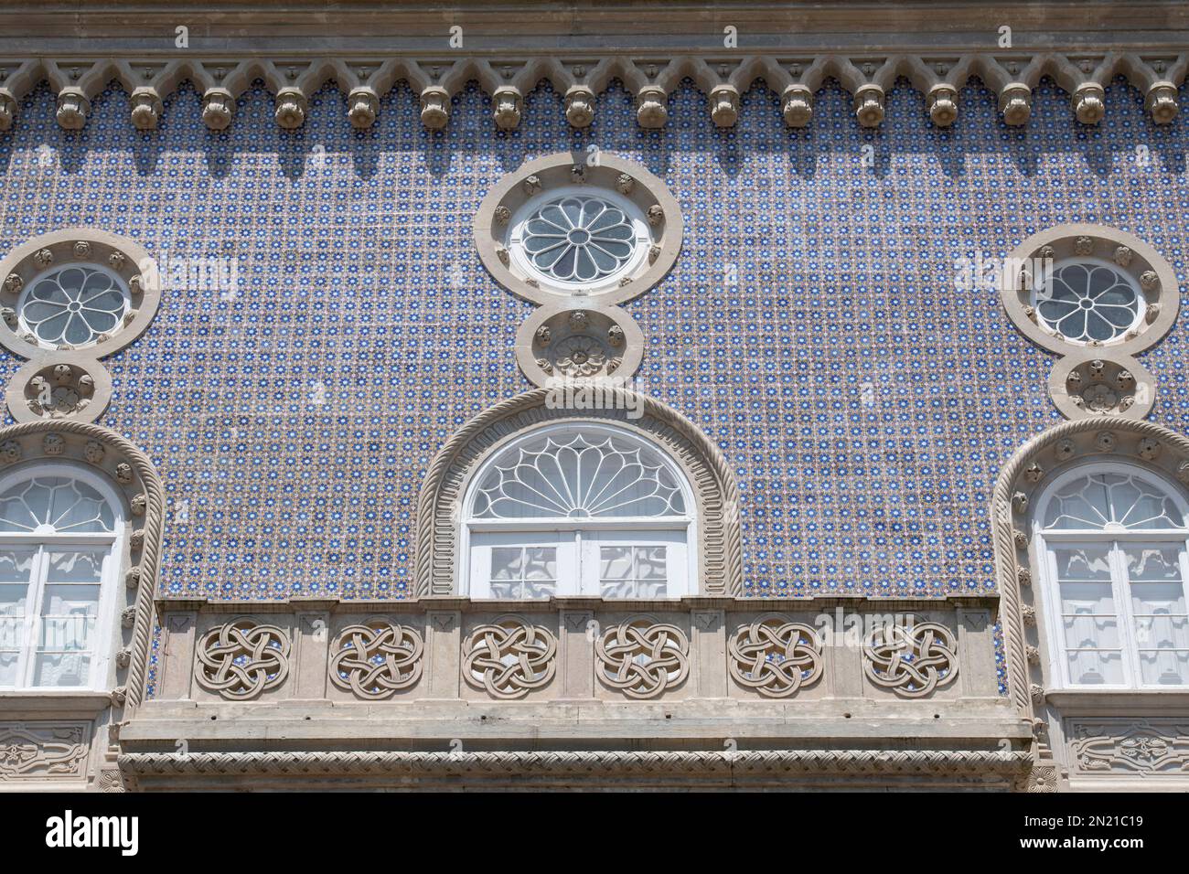 Main Facade with geometric Moorish tiles, Pena Palace, Sintra, Lisboa ...