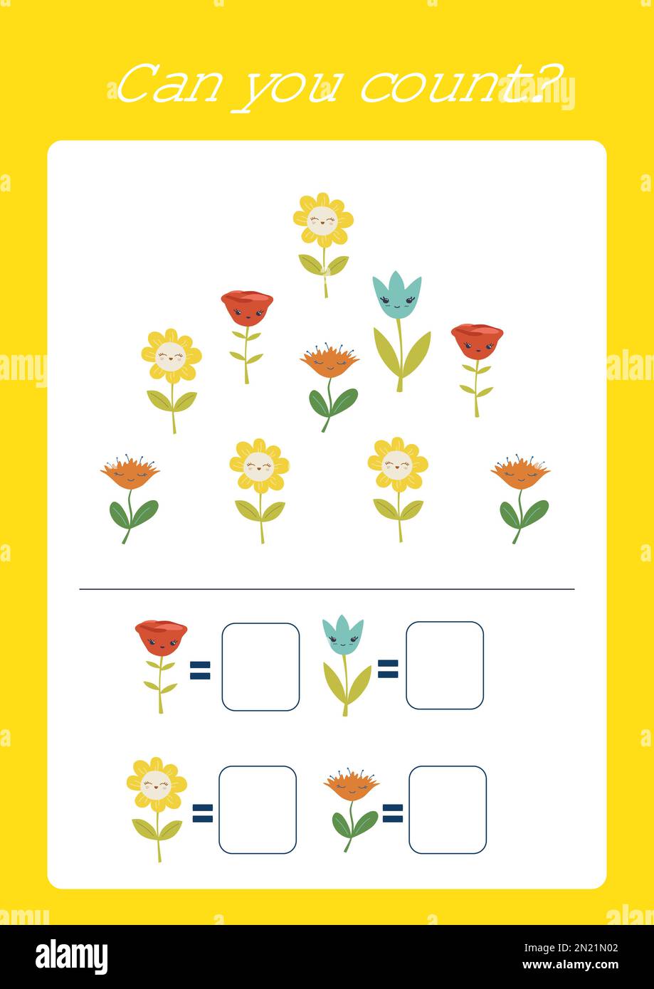 Fun preschool math counting in vector format. Count the kawaii flowers ...