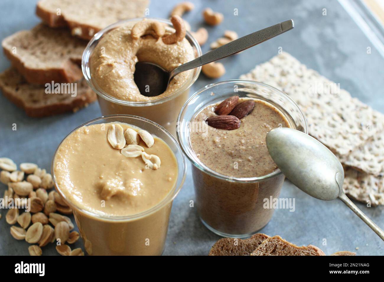 This June 22, 2015 photo shows homemade nut butters from (from left ...